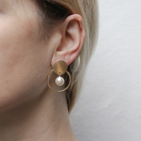 Marjorie Baer Post Earrings: Disc with Ring and Pearl, Brass - Helen ...